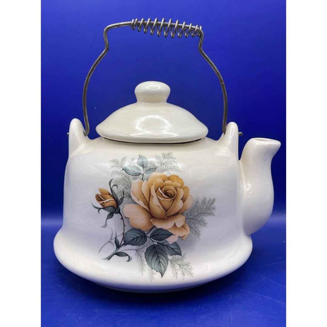 Vintage Coiled Wire Handle Teapot Kettle Lid Porcelain Ceramic Floral ...