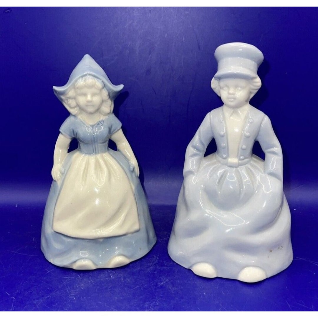 Vintage Dutch Boy Girl Couple Figurines Hand Bells Blue White Porcelain ...