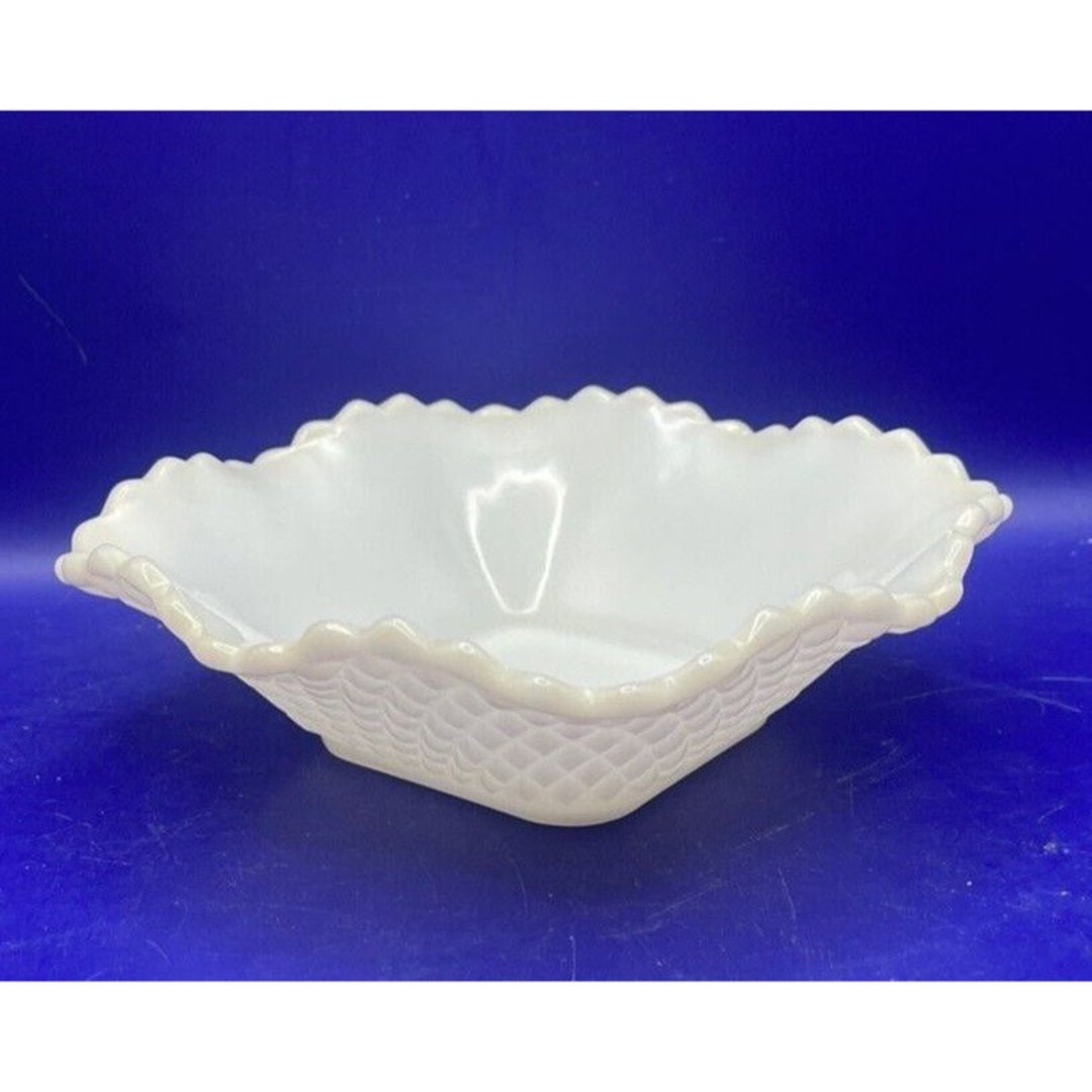 White Milk Glass Bowl Diamond Pattern Ruffled Edge Trinket Candy Dish ...