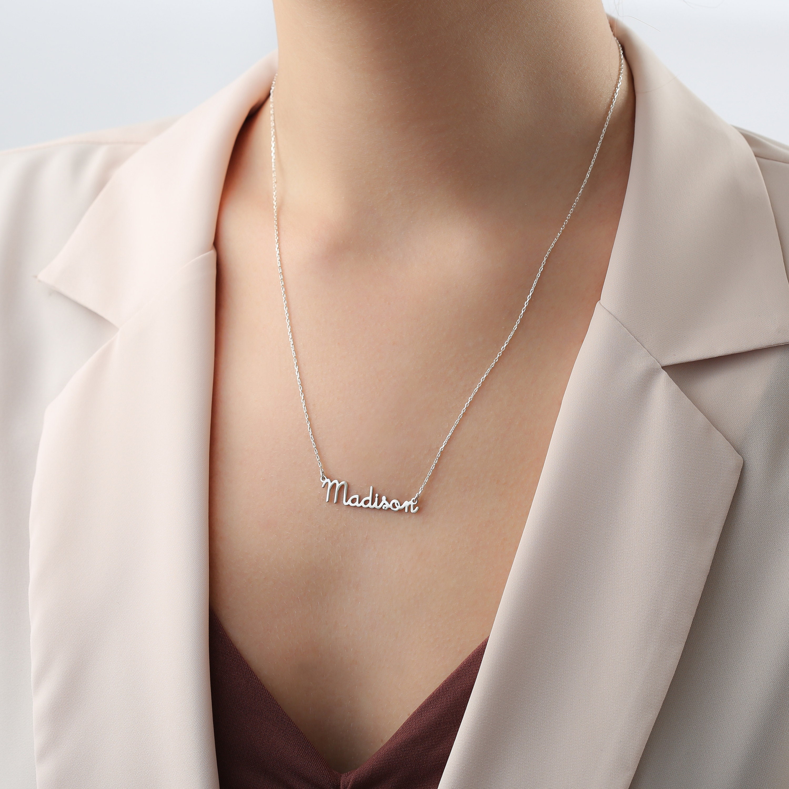 925 Silver Nameplate Necklace Modern Name Necklace - Etsy
