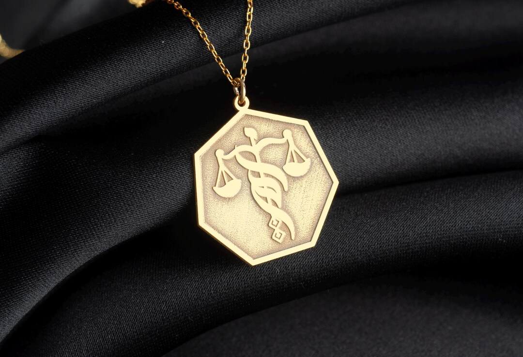 14K Solid Gold Scales of Justice Medallion Necklace, Personalized Libra ...