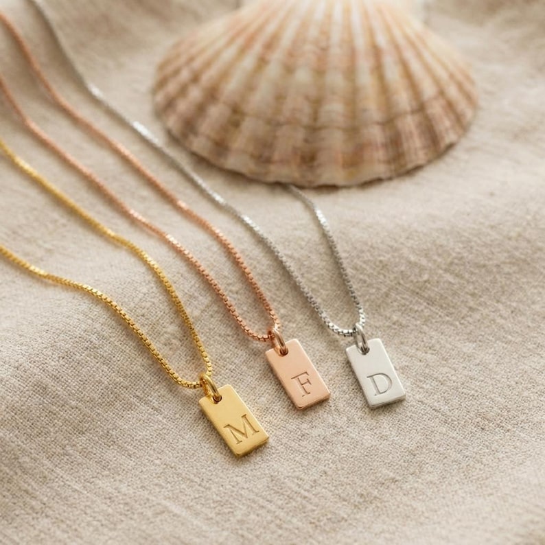 Engraved Letter Tag Necklace Initial Pendant With Box Chain Tiny ...