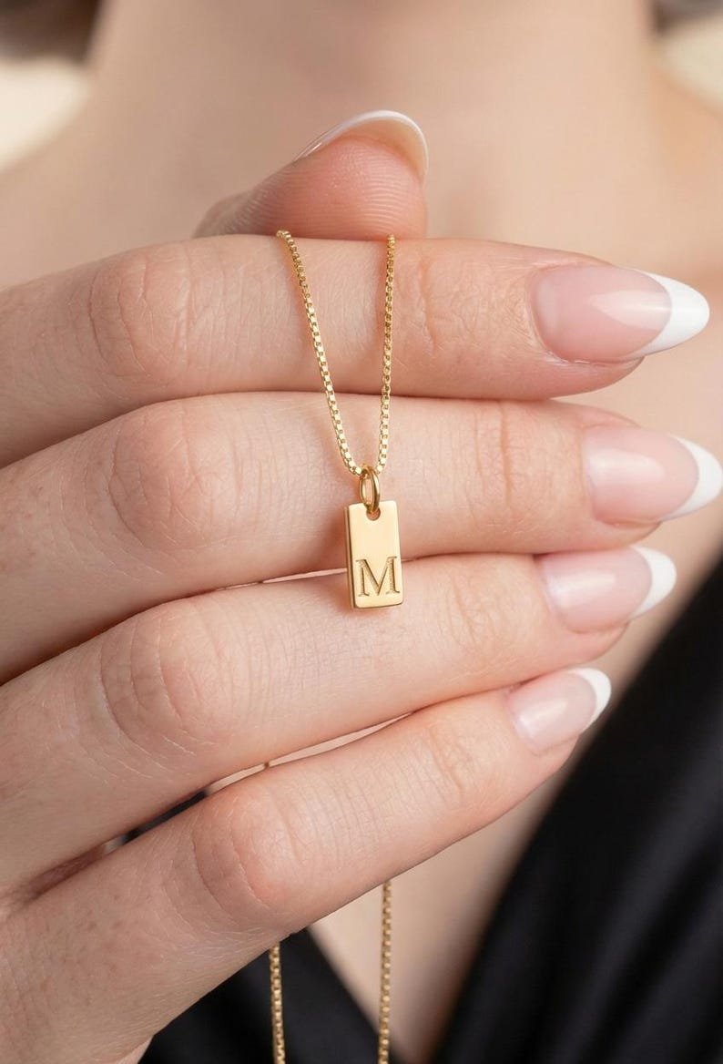 Engraved Letter Tag Necklace Initial Pendant With Box Chain Tiny ...