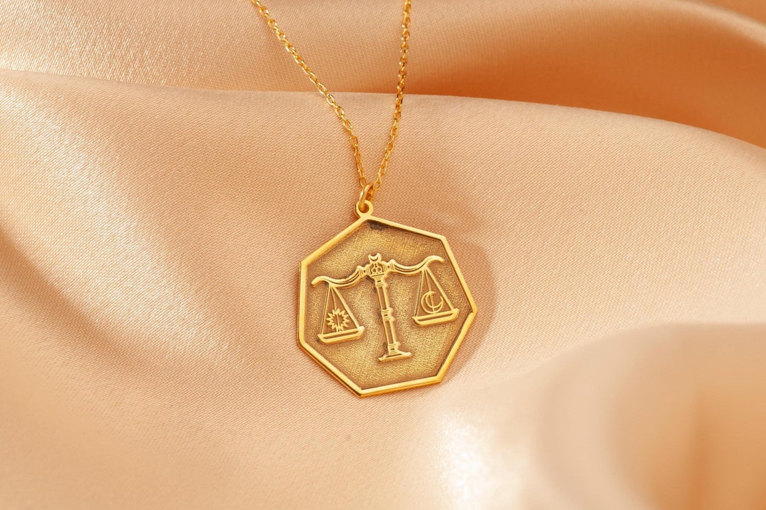 14K Solid Gold Scales of Justice Medallion Necklace, Personalized Libra ...