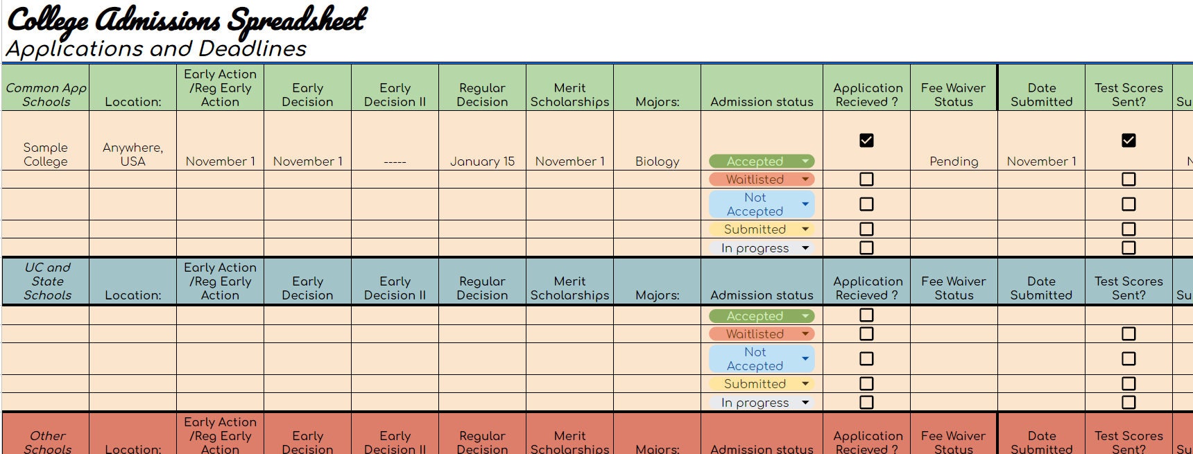 College Admissions Google Sheet Template - Etsy
