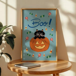Boo! Black Cat in Pumpkin – Halloween Wall Art Print - Etsy