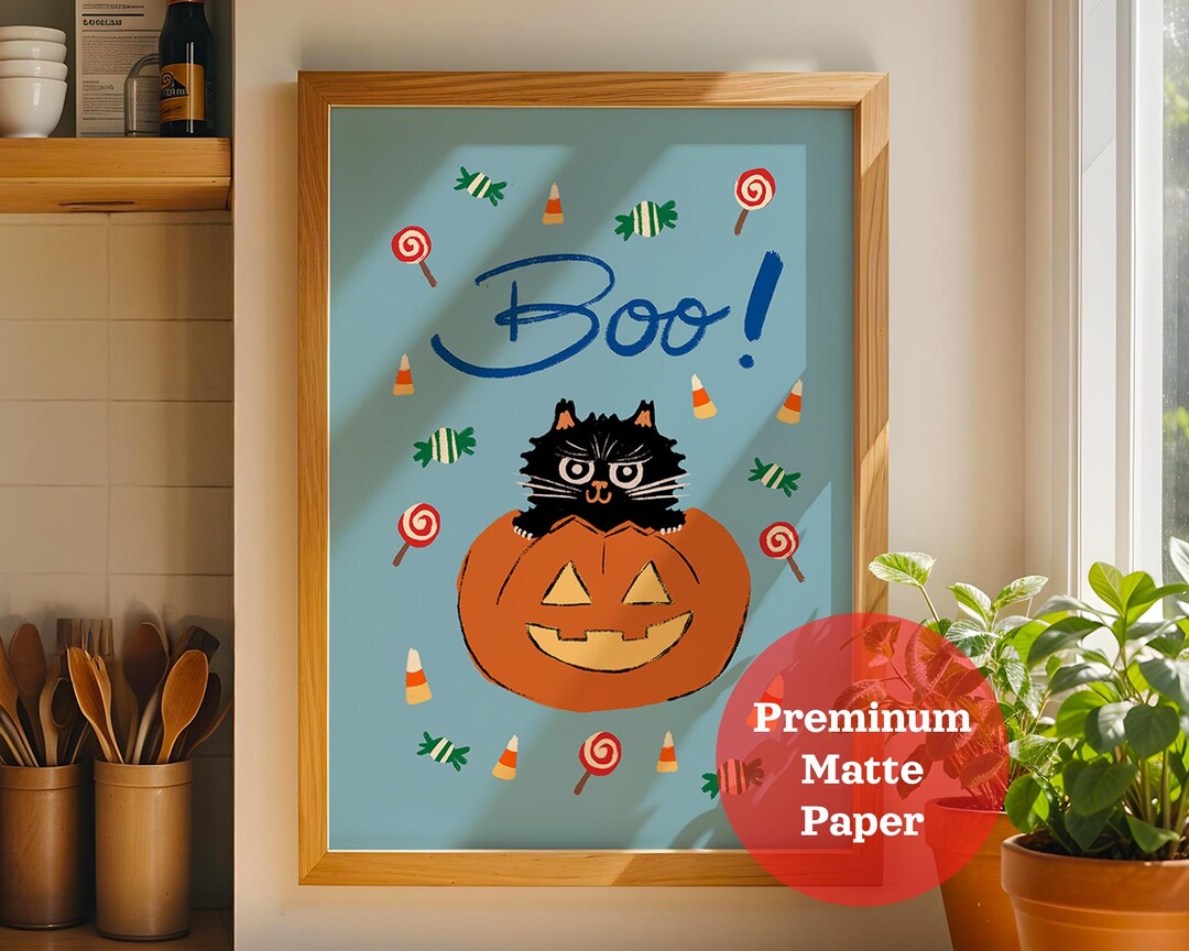 Boo! Black Cat in Pumpkin – Halloween Wall Art Print - Etsy