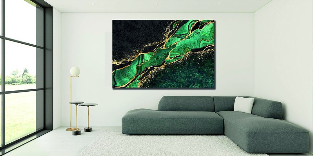 Marble Abstract Wall Art, Green Gold Framed Canvas, Modern Fluro Art ...