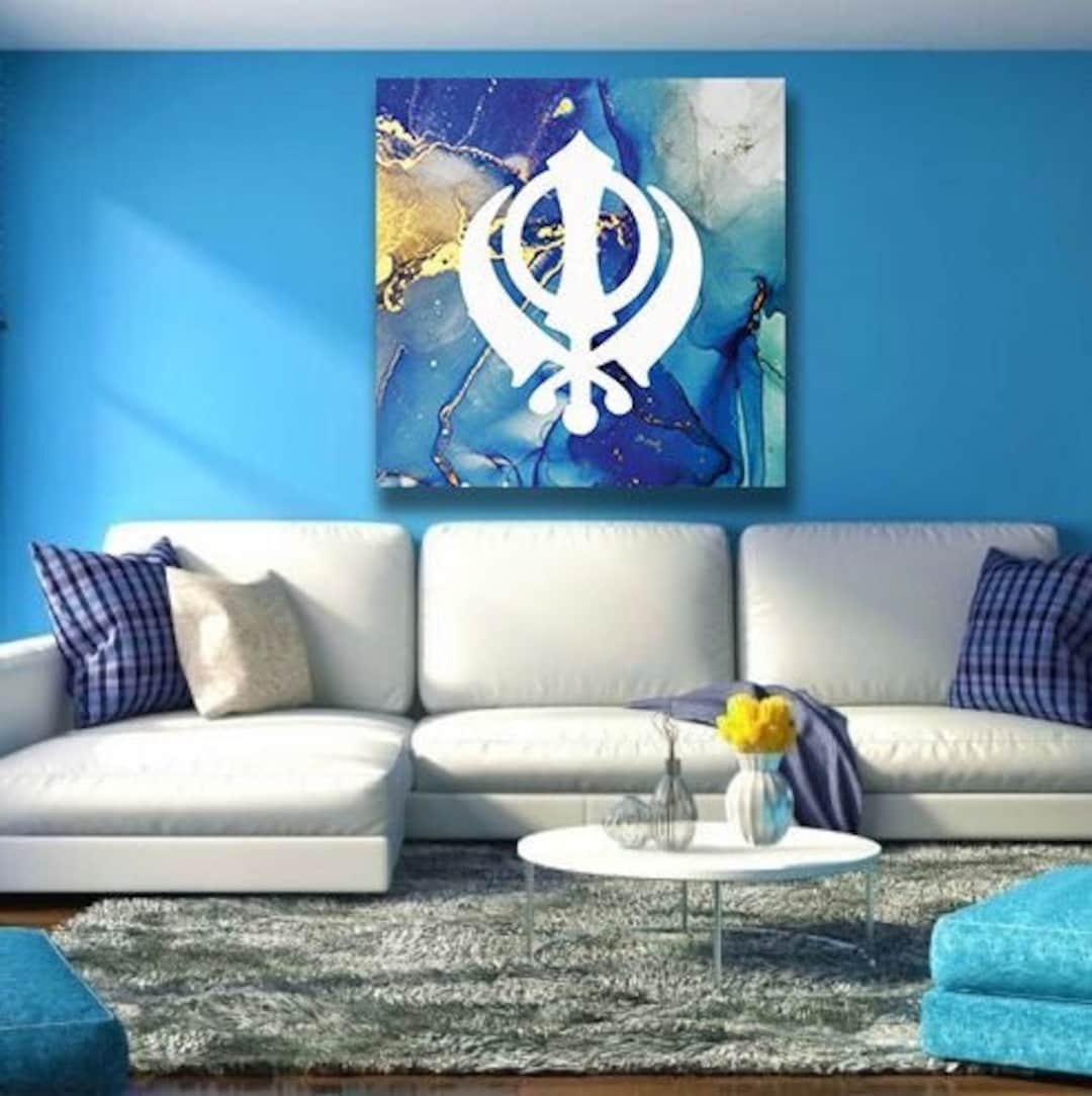 Blue Gold Marble Khanda Sikh Printed Canvas | Interior Framed Picture ...