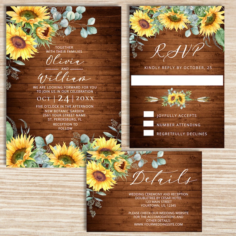 Brown Wood Rustic Sunflower Wedding Template Set; Editable Invitation ...