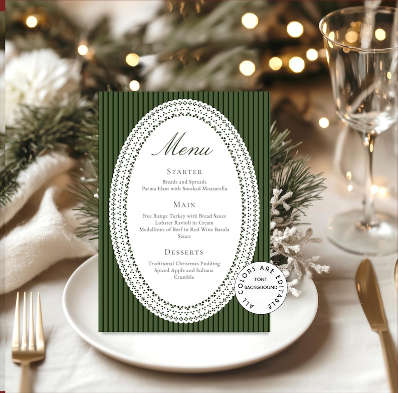 Red & Green Christmas Menu Template With Lace (printable Download) - Etsy