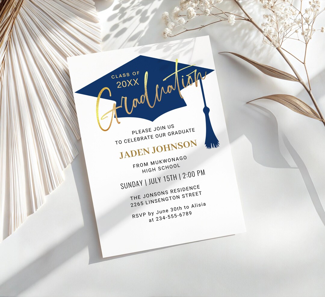 2026 Minimalist Modern Blue Grad Hat Graduation Party Invitation Photo ...