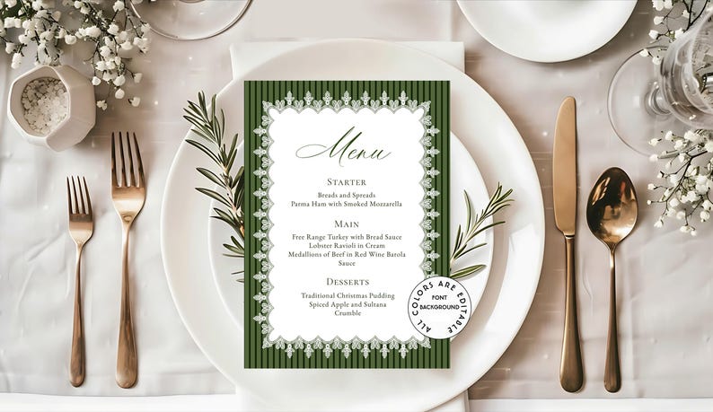 Christmas Menu Card, Red, Green, and Black Lace Frame (printable JPG ...