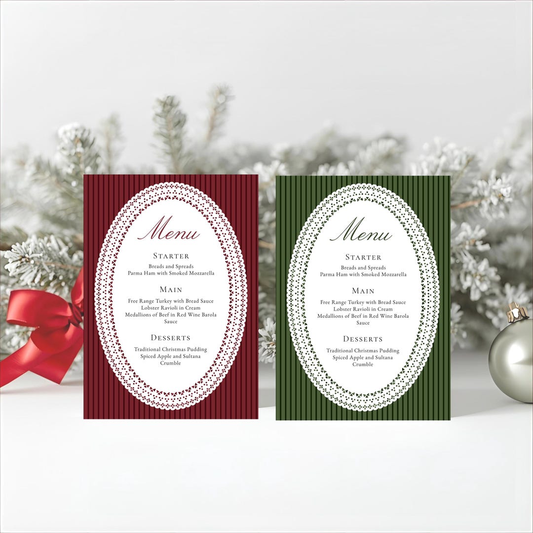 Red & Green Christmas Menu Template With Lace (printable Download) - Etsy