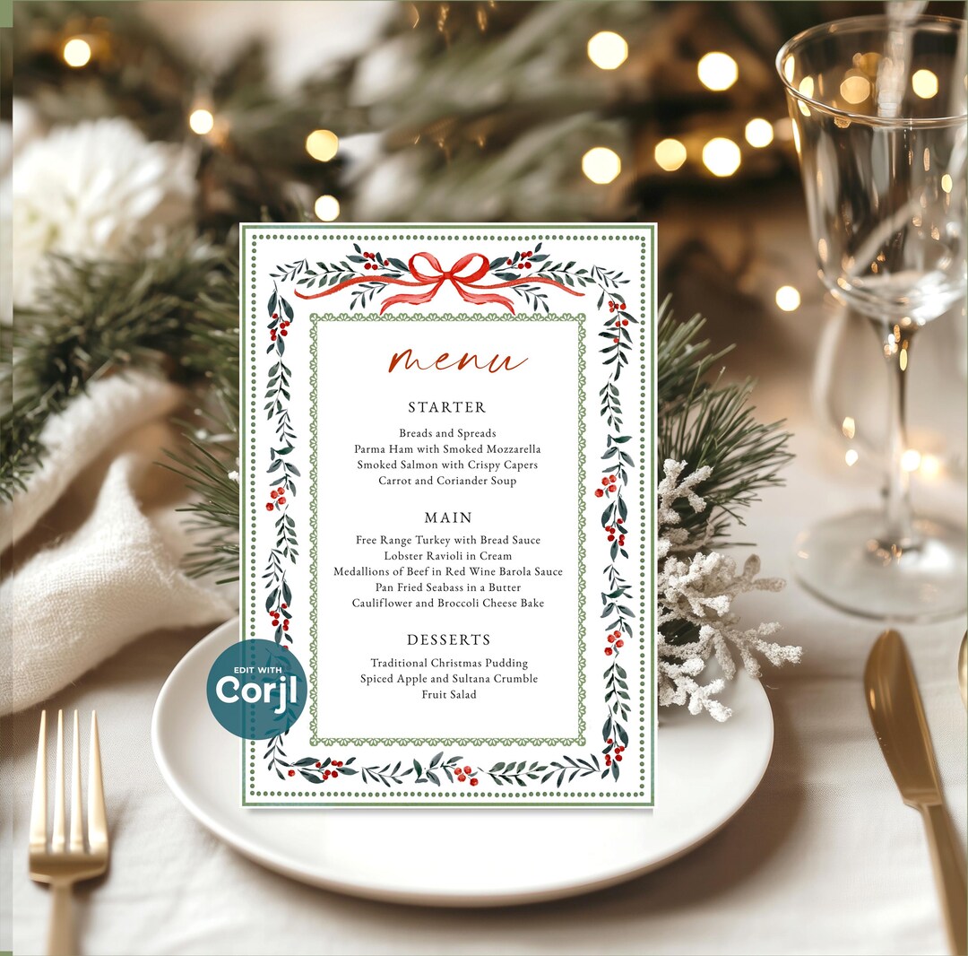 Watercolor Christmas Menu Card, Red Bow, Greenery (editable Template ...