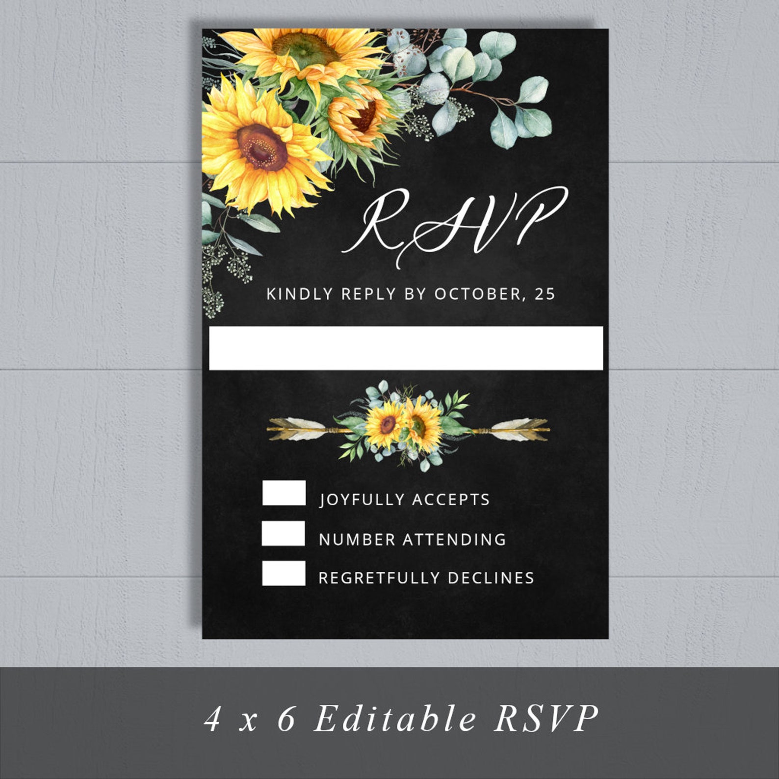 Black Chalkboard Watercolor Sunflowers Rustic RSVP 4x6 Card, Corjl ...