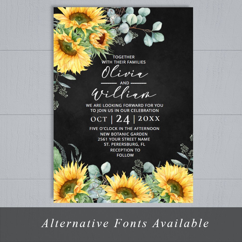 Black Chalkboard Rustic Sunflowers Wedding Invitation, Floral 5x7 ...