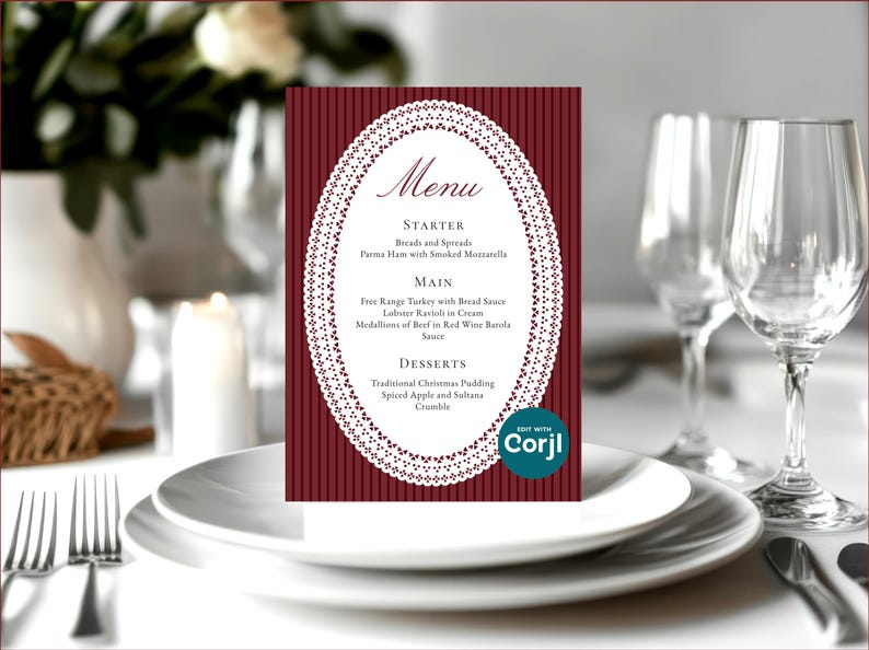 Red & Green Christmas Menu Template With Lace (printable Download) - Etsy