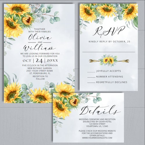Sunflower Themed Printable Wedding Invitation Set Editable - Etsy