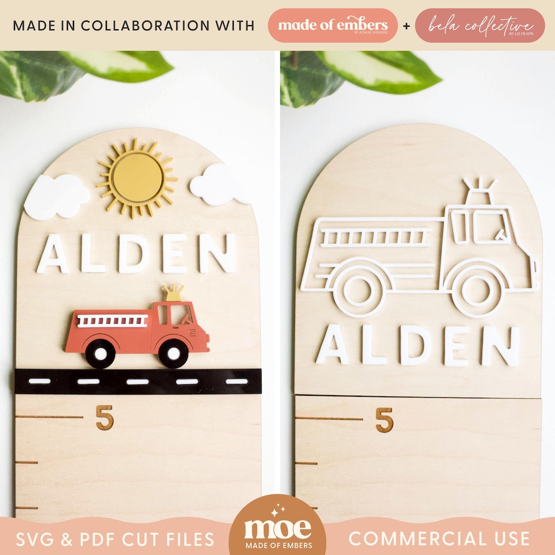 Growth Chart Height Fire Truck Nursery Sign Wood Laser Cutting File ...