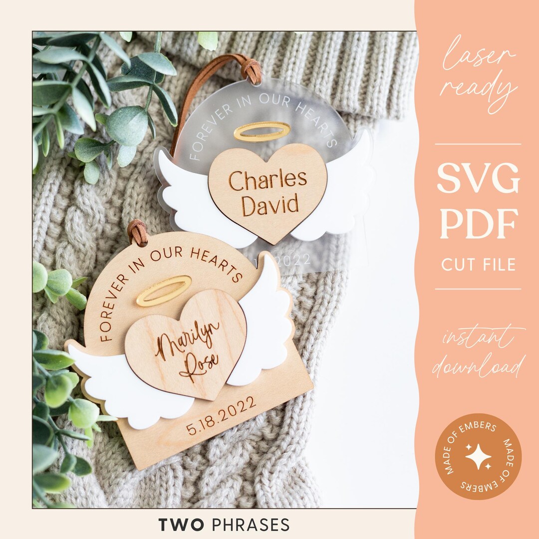 Memorial Ornament Angel Wings Heart Laser Sympathy Gift Cutting File ...