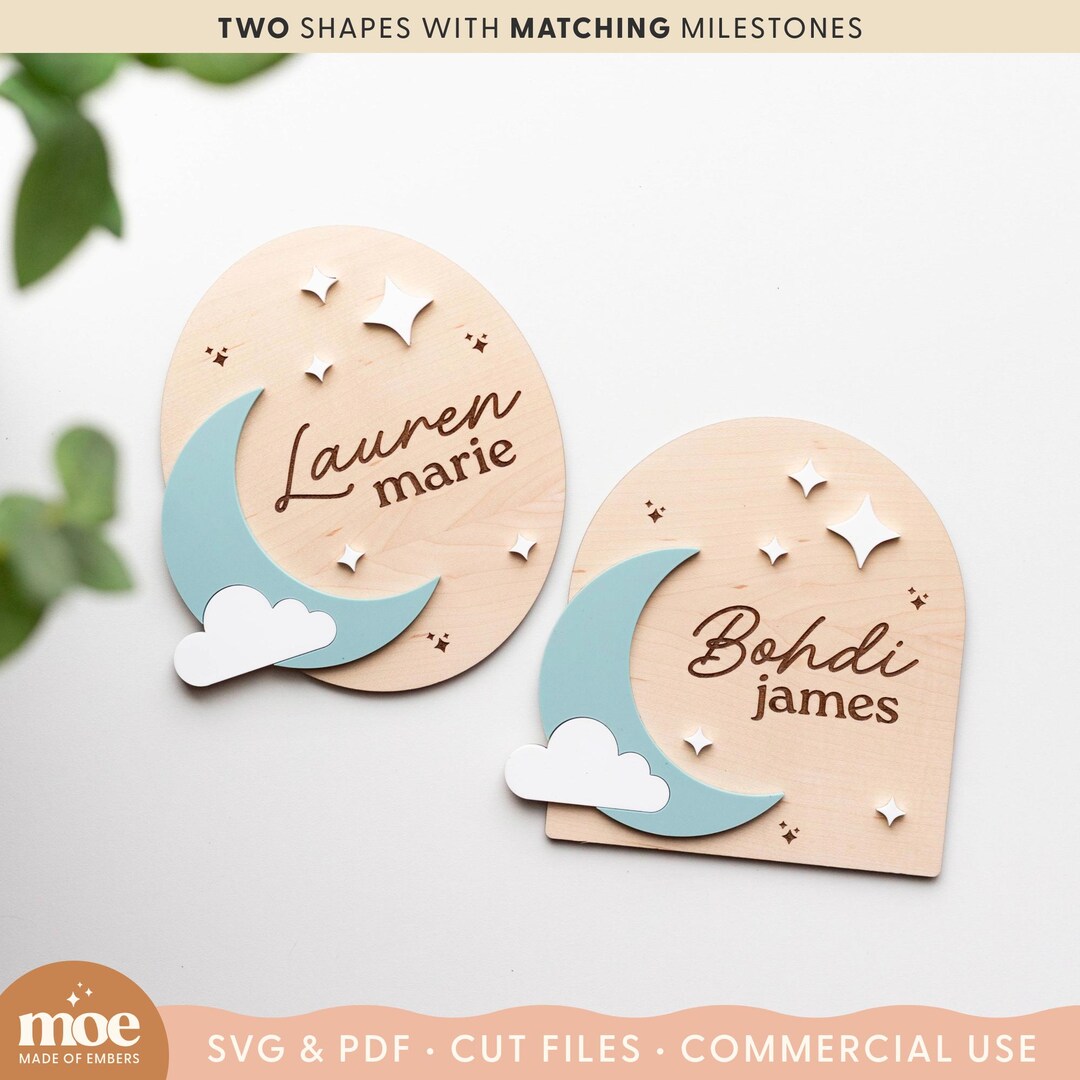 Celestial Moon Stars Cloud Baby Name Sign Wood Laser Cutting File ...