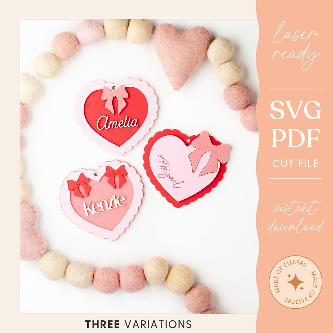 Scallop Coquette Heart Name Tag Valentine’s Basket Scallop Heart Bow ...