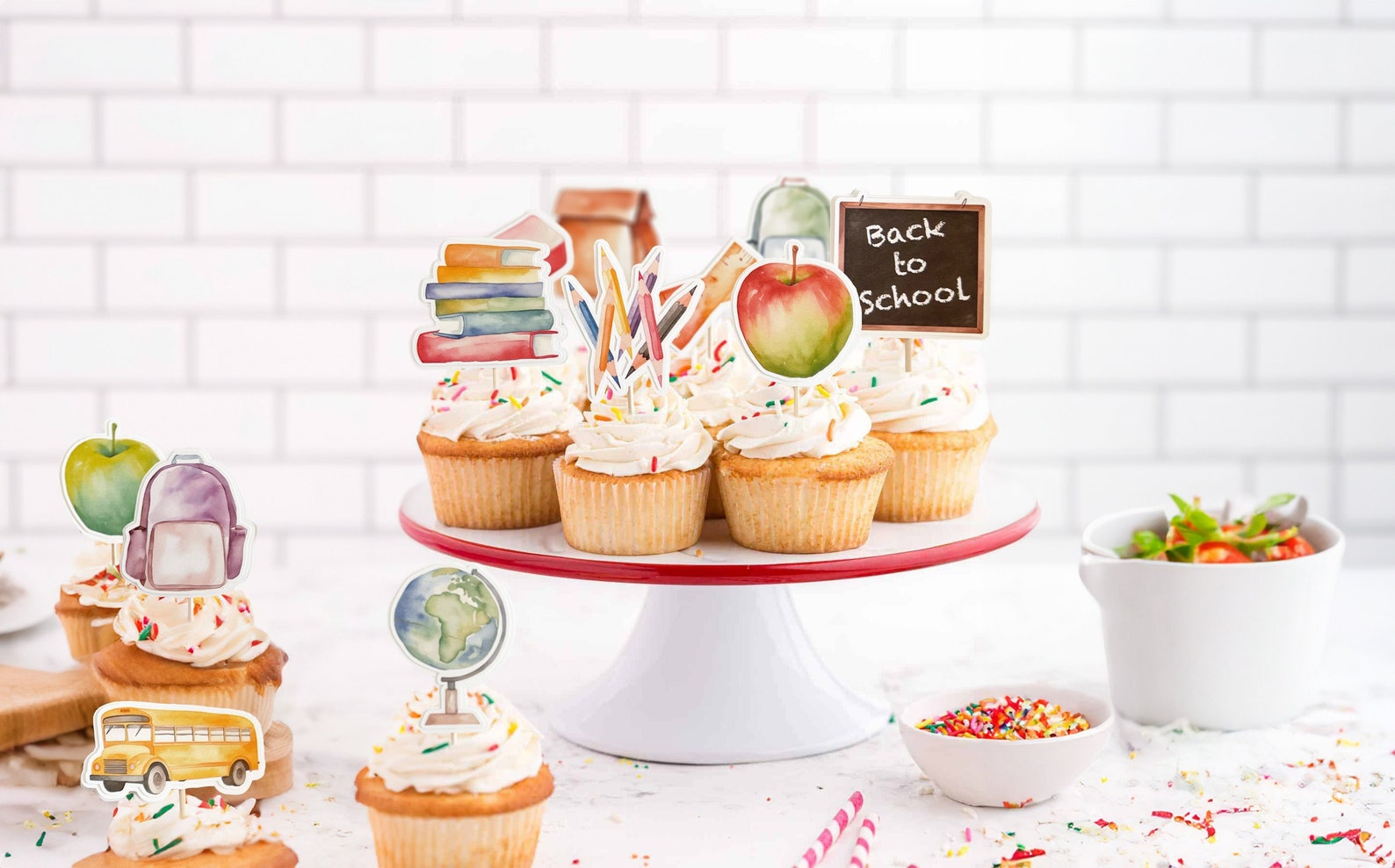 Back to School Party Cupcake Toppers School Themed Decor Apples, Crayon ...