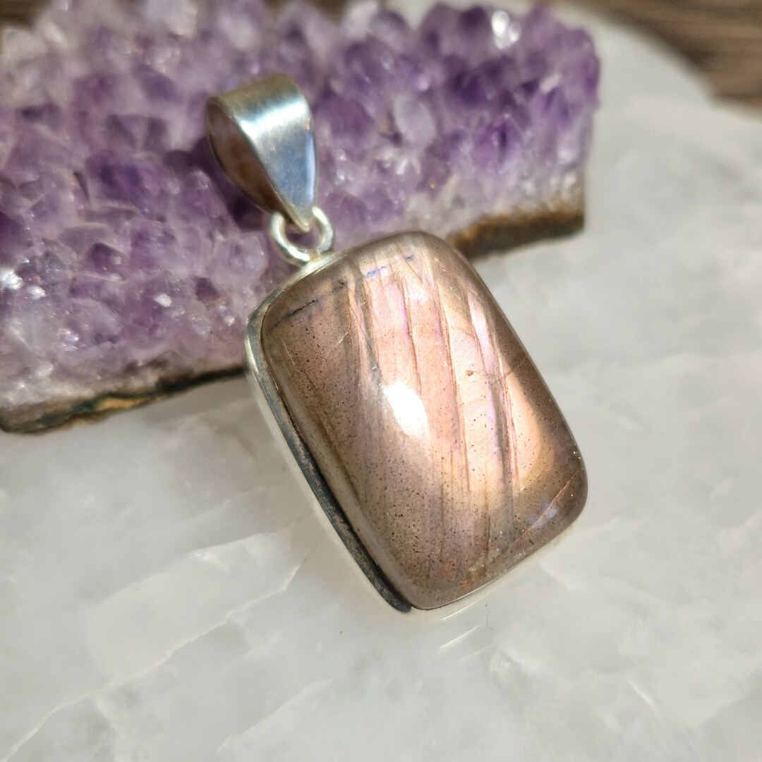 Artisan Crafted Pink Labradorite Sterling Silver Pendant Rectangle ...