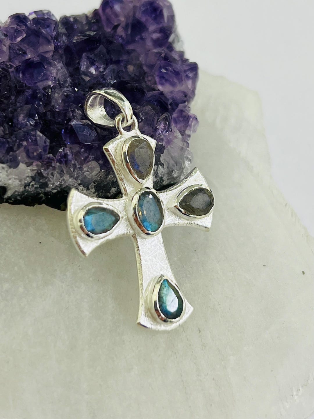 Magnificent Artisan Made Silver Cross With Stone (peridot/labradorite ...