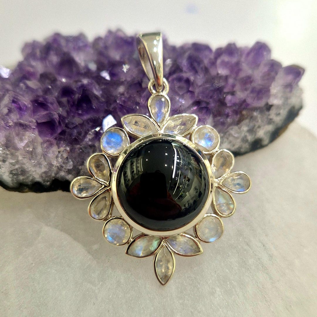 Magnificent Artisan Made Silver Pendant With Onyx and Rainbow Moonstone ...