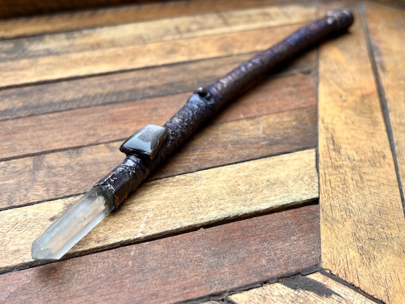 Quartz Crystal Wand With Silver Sheen Obsidian | Magic Wand | Wiccan ...