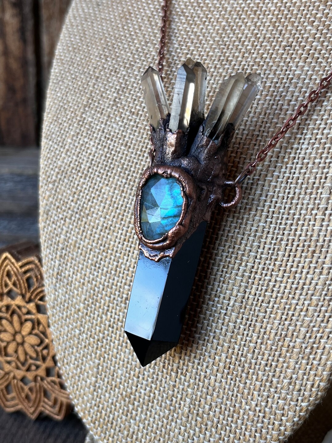 Obsidian Pendant With Labradorite and Smokey Quartz Crystal Necklace ...