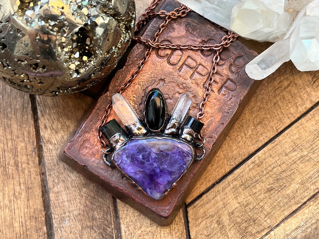 Charoite and Quartz Pendant With Tourmaline and Black Onyx | Copper ...