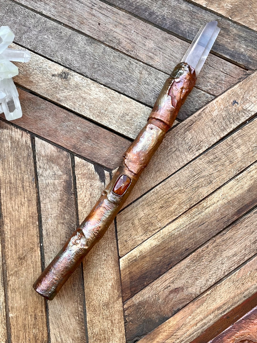 Quartz Crystal and Sunstone Copper Wand Magic Wand Wiccan Witch ...