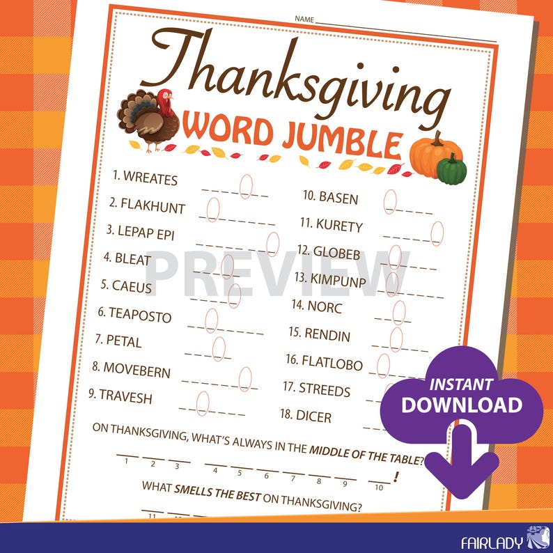 Thanksgiving Word Scramble Printable • Word Jumble Puzzle • Fall Family ...