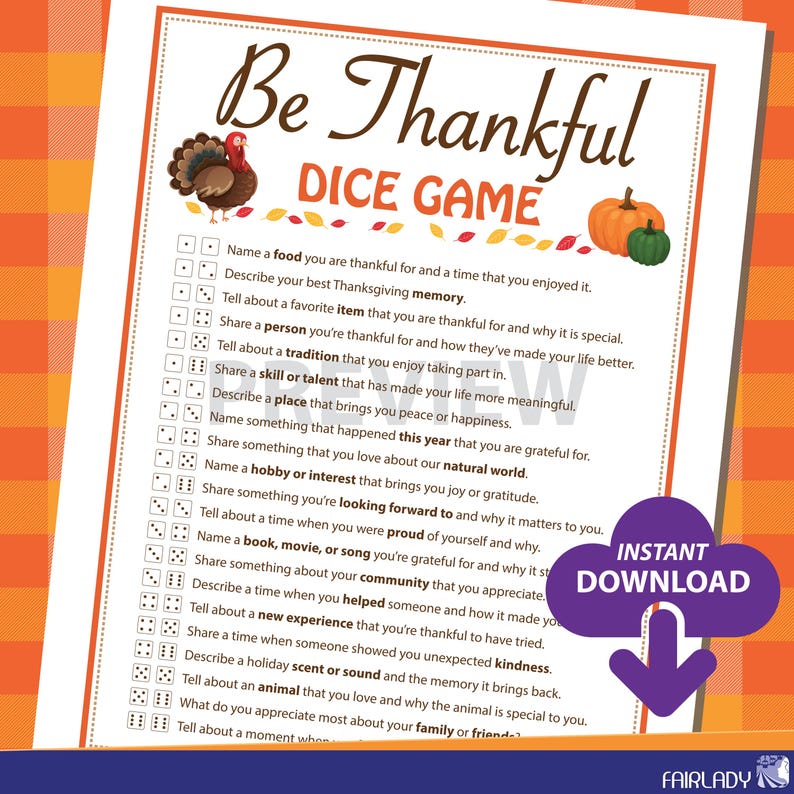 Thanksgiving Be Thankful Dice Game Printable | Fun Family Dinner ...