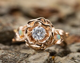 Leaf & Flower Engagement Ring Platinum Diamond Unique Leaves | Etsy