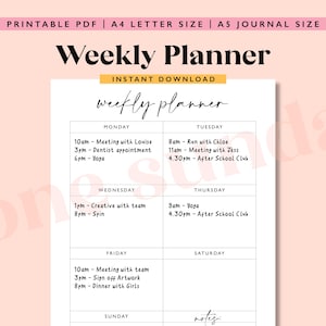 Weekly Planner, Monday to Sunday Planners, A5 Journal Page Printable ...
