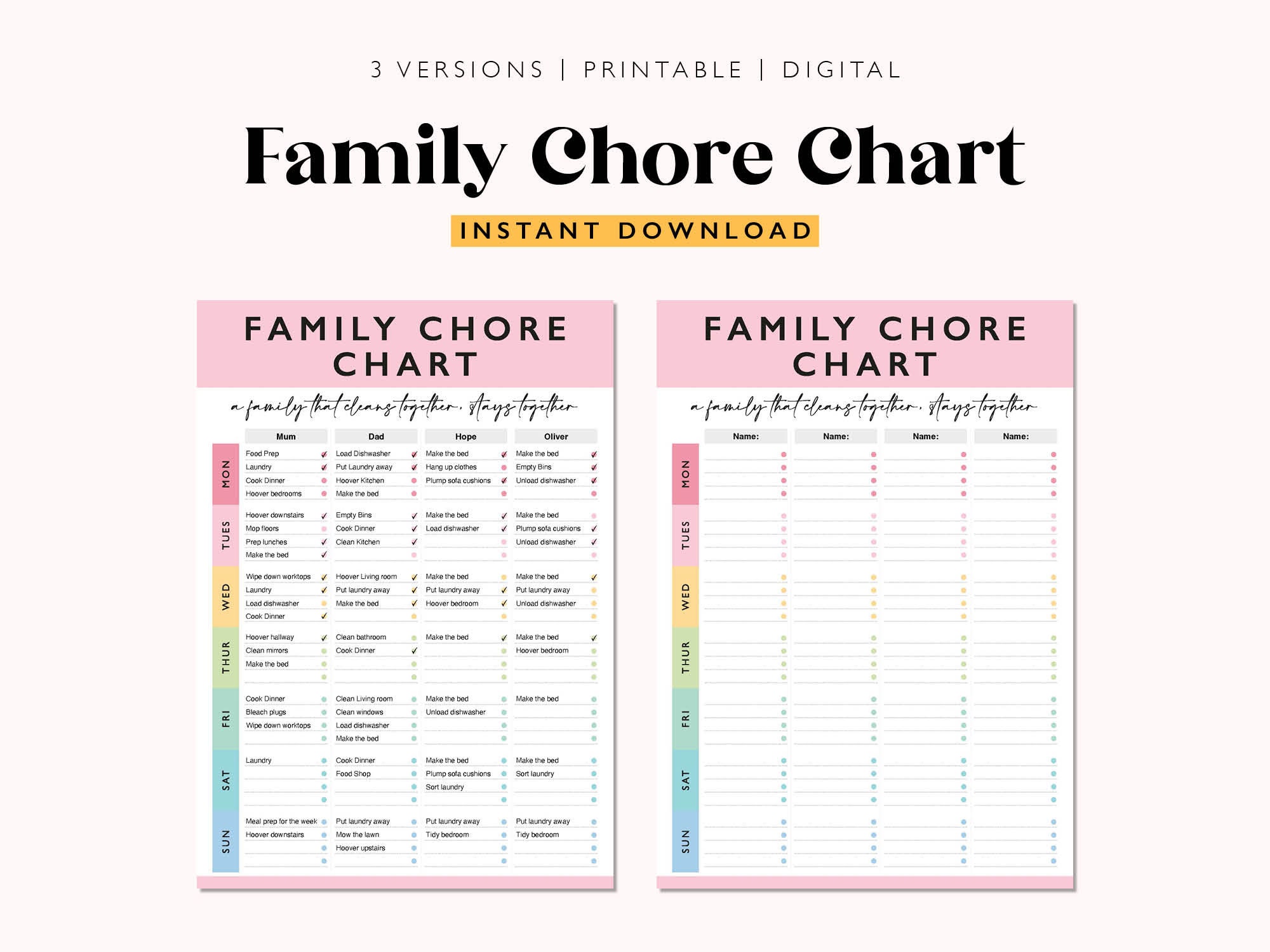 Editable Chore Chart, Chore Chart for Adults, Cleaning Checklist, 2 Kid ...