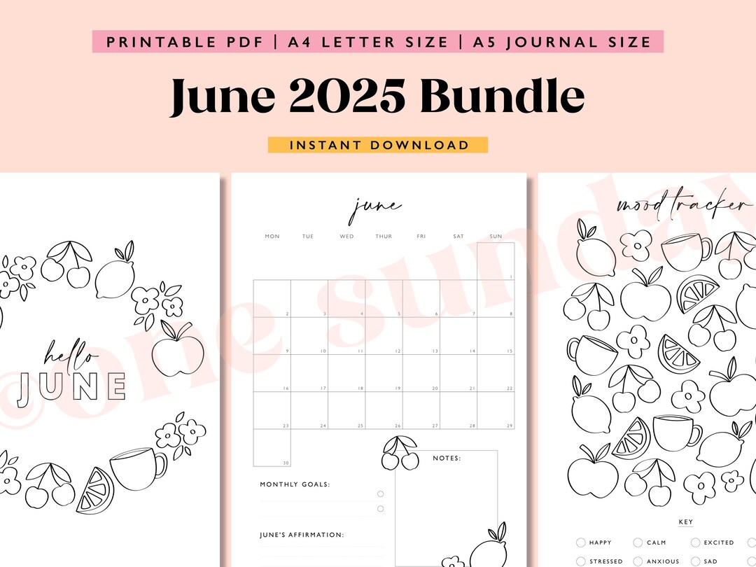 June 2025 Journal Bundle: Calendar & Mood Tracker (PDF) - Etsy