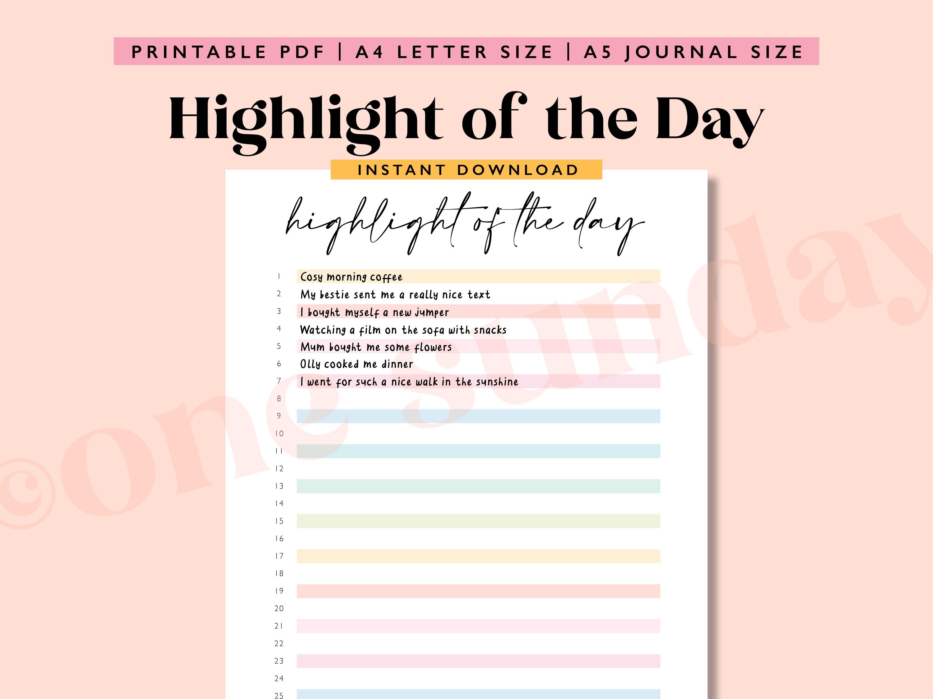 Highlight of the Day Printable Journal Page: Gratitude Tracker (PDF) - Etsy