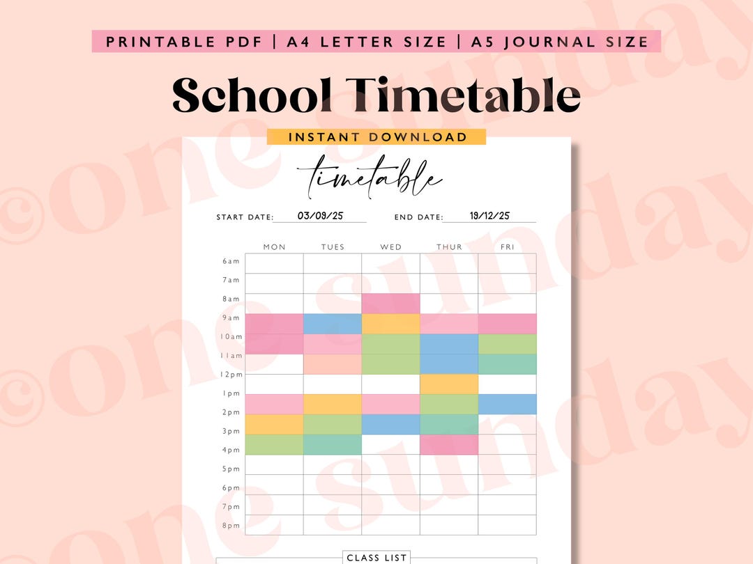 School Timetable, School Planner, A5 Journal Page Printable, School ...