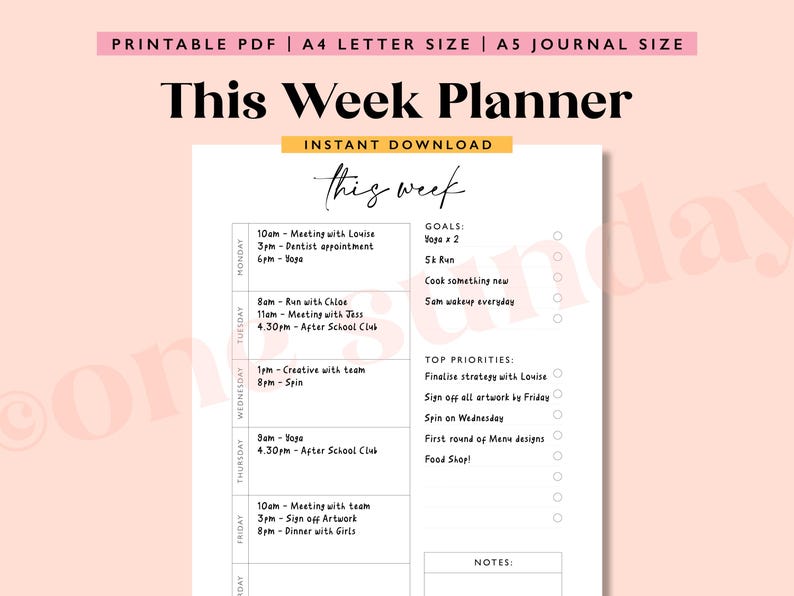 Weekly Planner, Monday to Sunday Planners, A5 Journal Page Printable ...