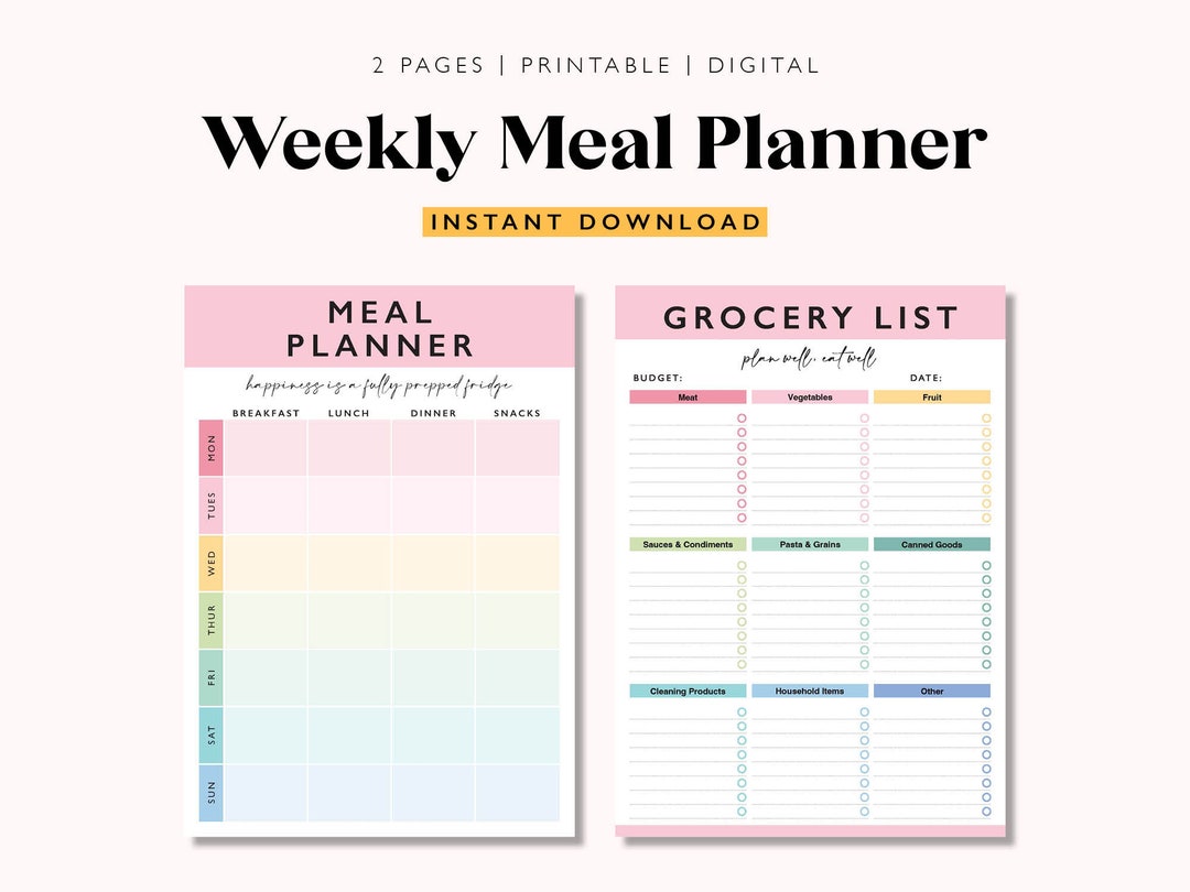 Weekly Meal Planner & Grocery List Printable (digital Download) - Etsy