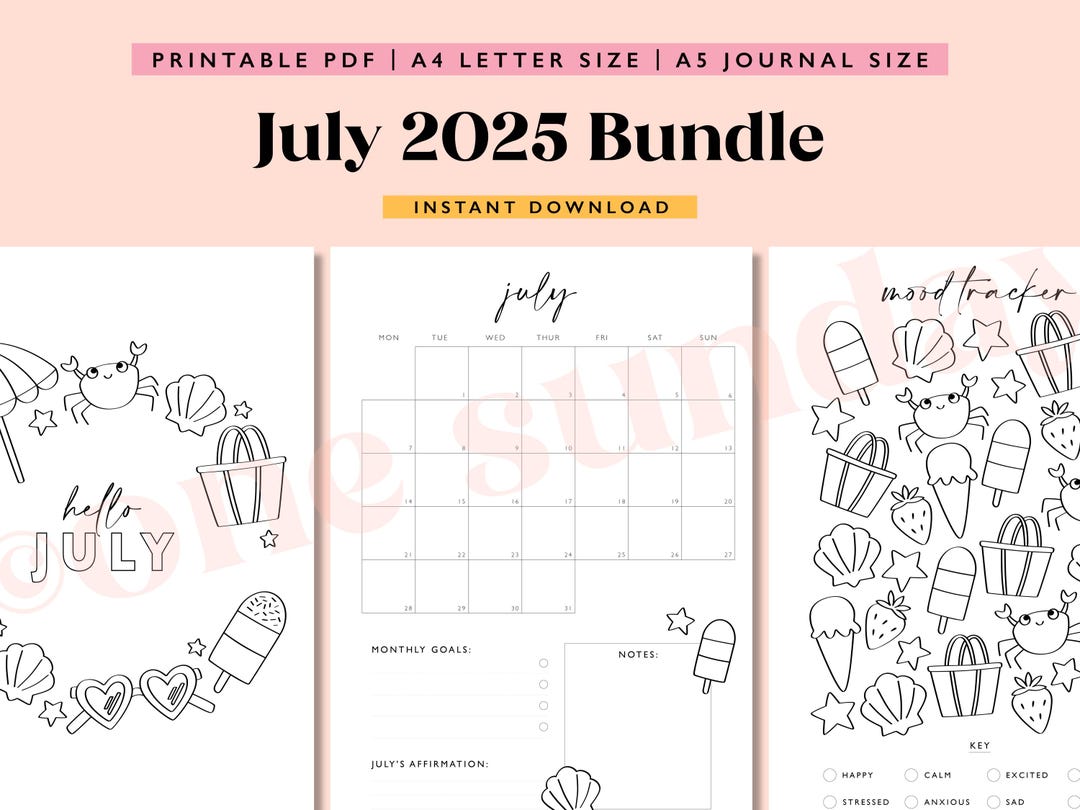 July 2025 Journal Bundle, July Calendar, Mood Tracker, Journal Cover ...