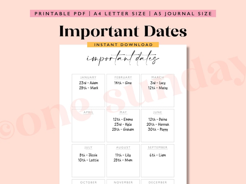 Important Dates Tracker: Printable A5 Journal Page (PDF Download) - Etsy