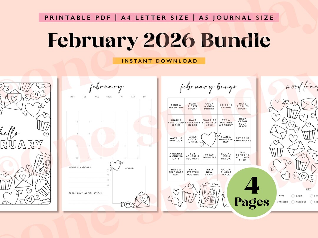 February 2026 Printable Journal Bundle, Mood Tracker (digital Download ...