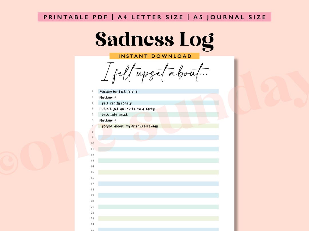 Sadness Log Printable: Lowlight of the Day, Mental Health Tracker (PDF ...