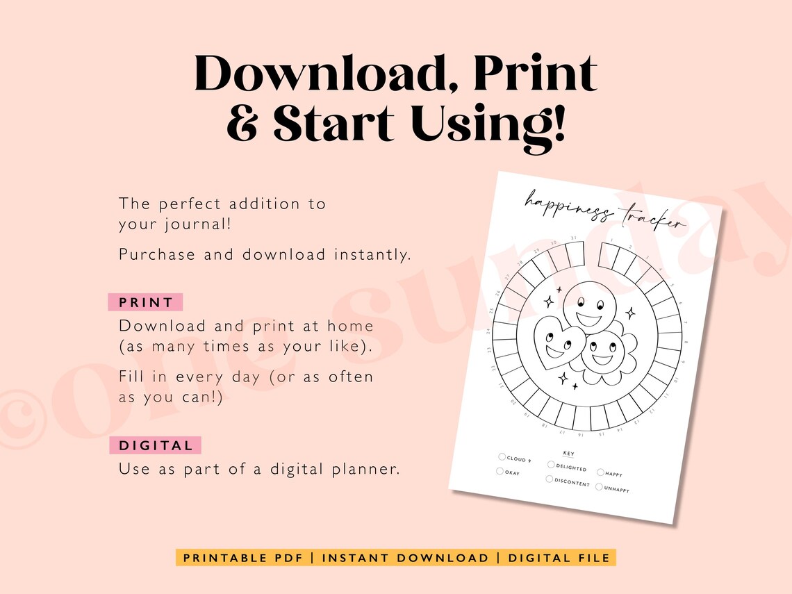 Printable Monthly Happiness Tracker: A5 Journal Page (digital Download ...